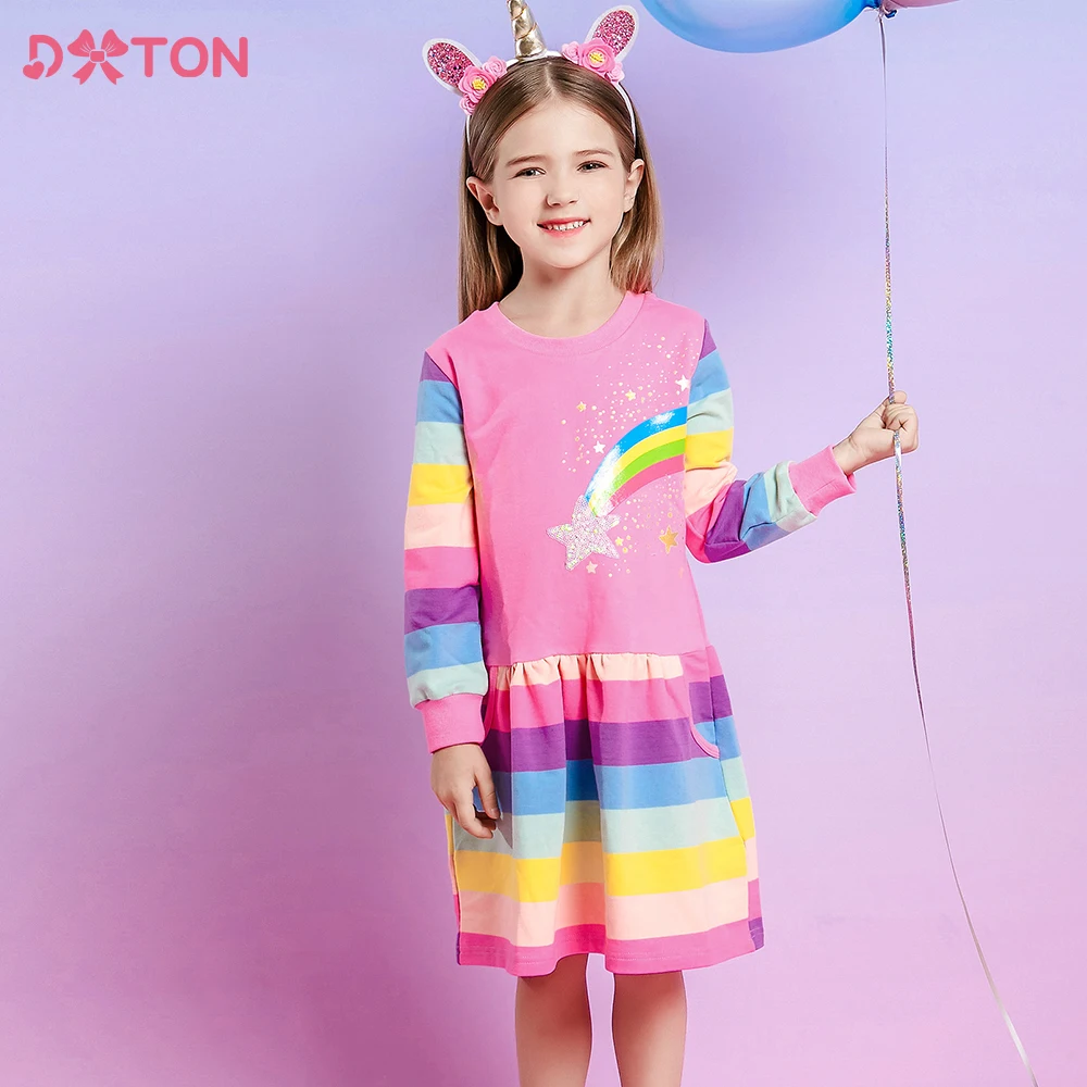 DXTON Girls Rainbow Striped Dresses Kids Long Sleeve Autumn Fall Spring ...