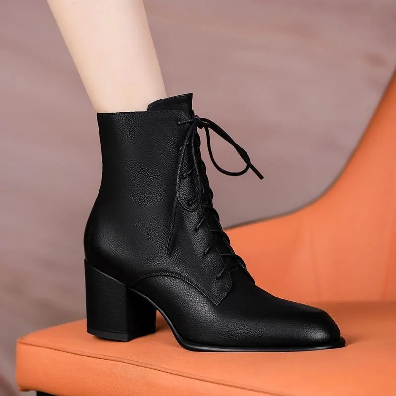 Chunky-Heel-Short-Boots-Women-Retro-British-Style-Pointed-Toe-Lace-Up ...