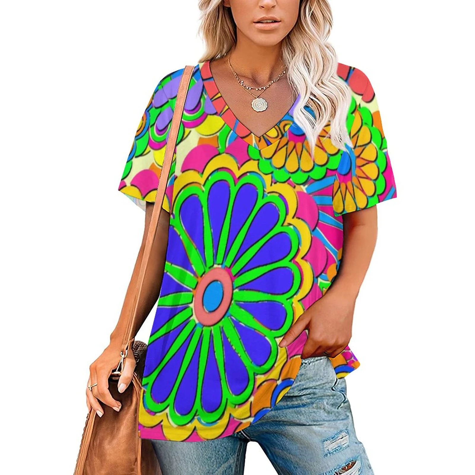 Colorful Flower Power T Shirts Bright Hippy Style V Neck Street Wear ...