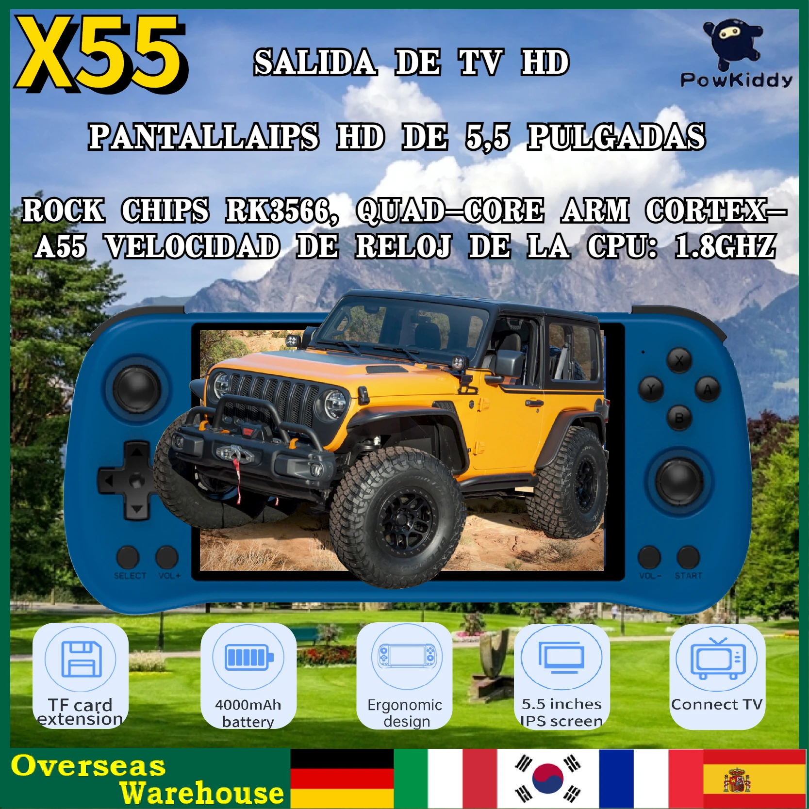 POWKIDDY 오픈 소스 휴대용 게임 콘솔, X55, 5.5 인치 IPS 스크린, RK3566, 리눅스 시스템, 4000 MAh TV, HDMI, LPDDR4X ...