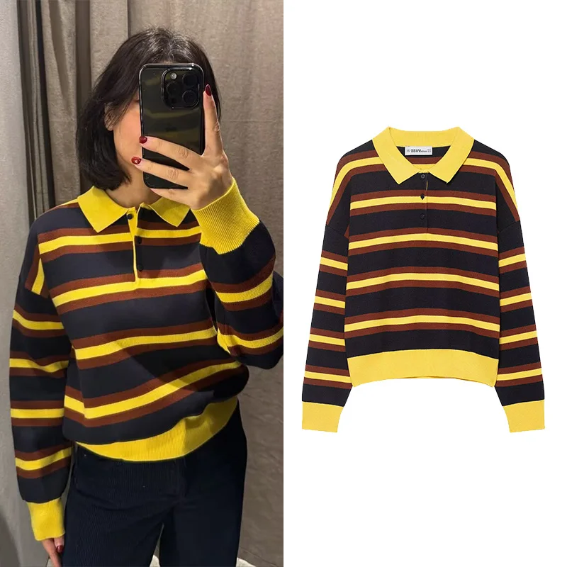 HipSeam Women Striped Sweater Autumn Fashion Knit Polo Collar Long ...