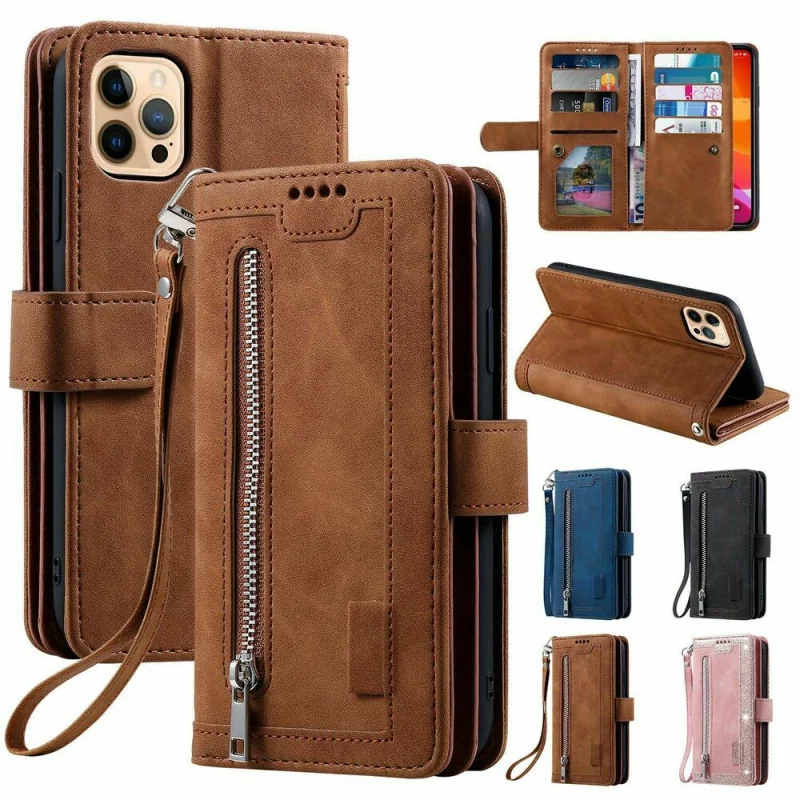 Leather Zipper Wallet Phone Case with Strap For iPhone 15 Plus 13 12 ...