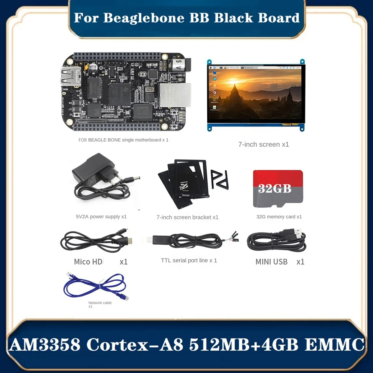 For Beaglebone BB Black AM3358 512MB+4G EMMC AI Development Board+7 Inch Screen+Screen Bracket+ ...