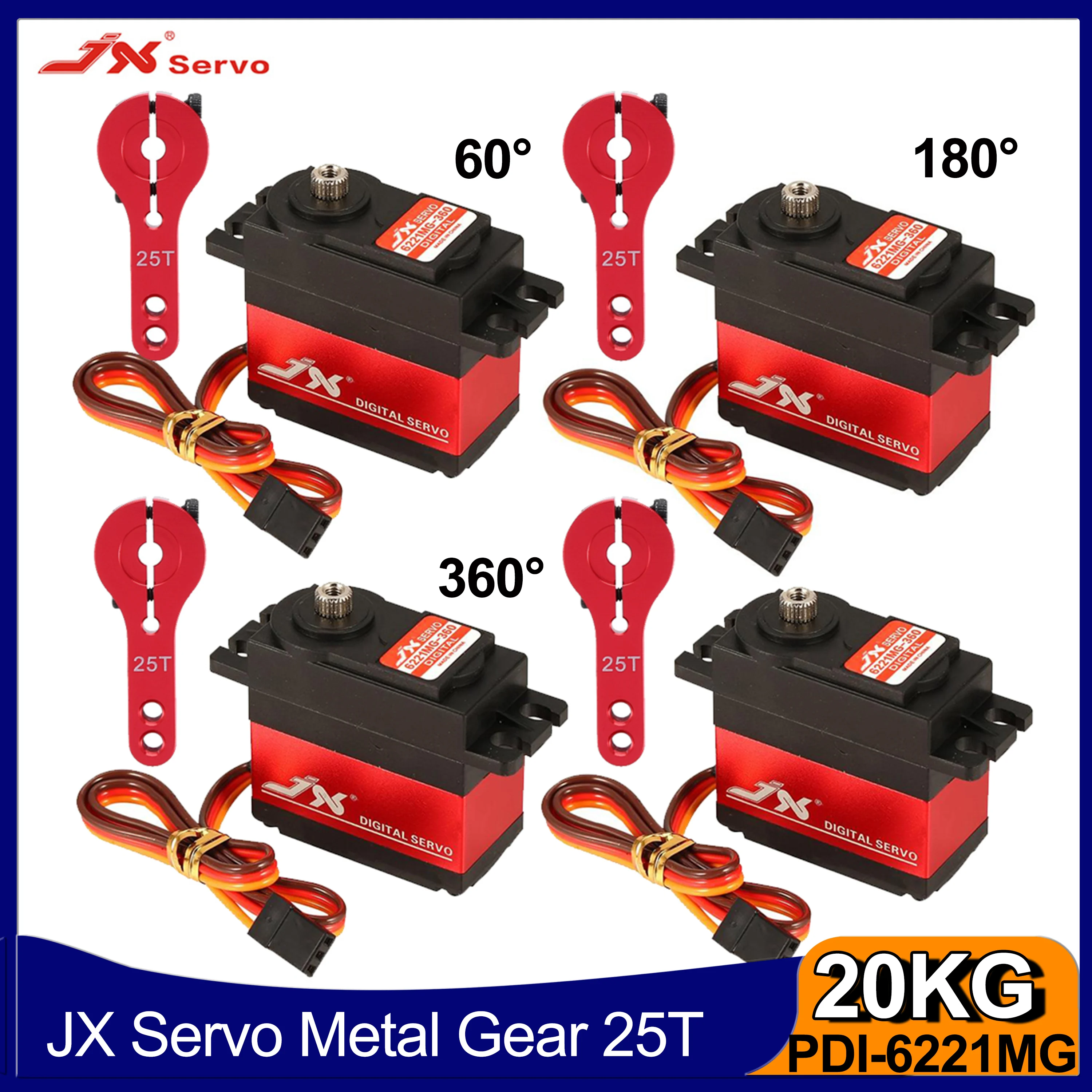 JX Servo PDI-6221MG 180° 360° 20KG Large Torque Digital Aluminium Metal ...