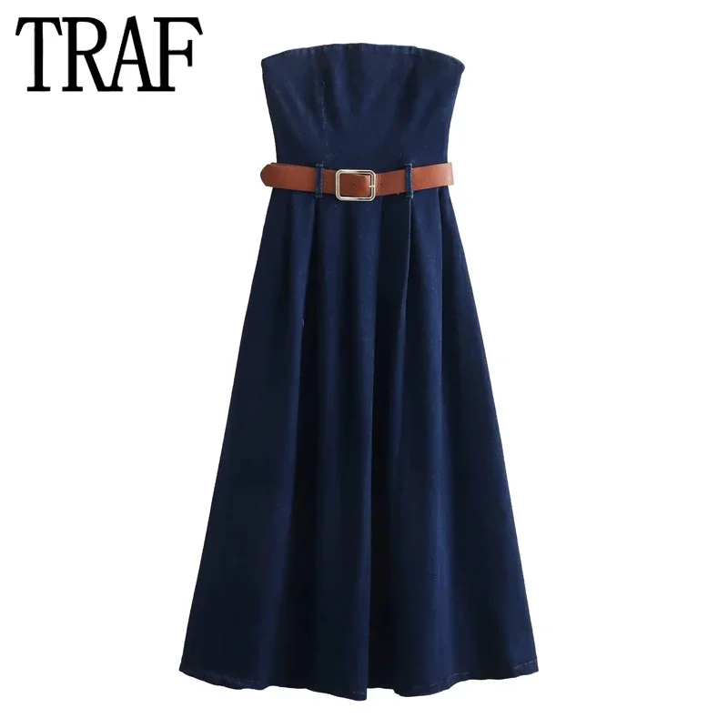 TRAF-2024-Belt-Midi-Denim-Dress-Woman-Off-Shoulder-Corset-Dress-Women ...