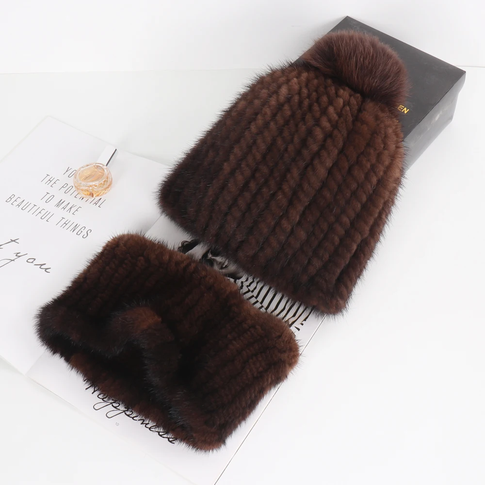 Women Natural Mink Fur Hats Scarves 2 Pieces Lady Winter Warm Real Mink ...