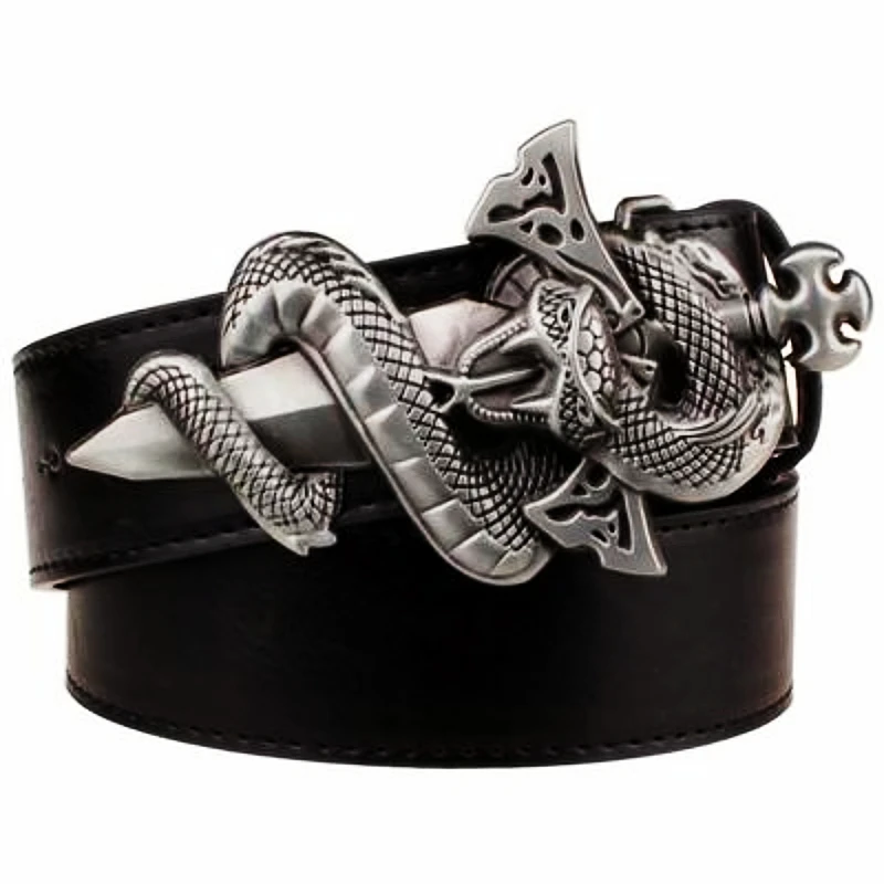 Silver Sword Serpent Leather Belt Knife Snake Totem Metal Buckle Wild ...