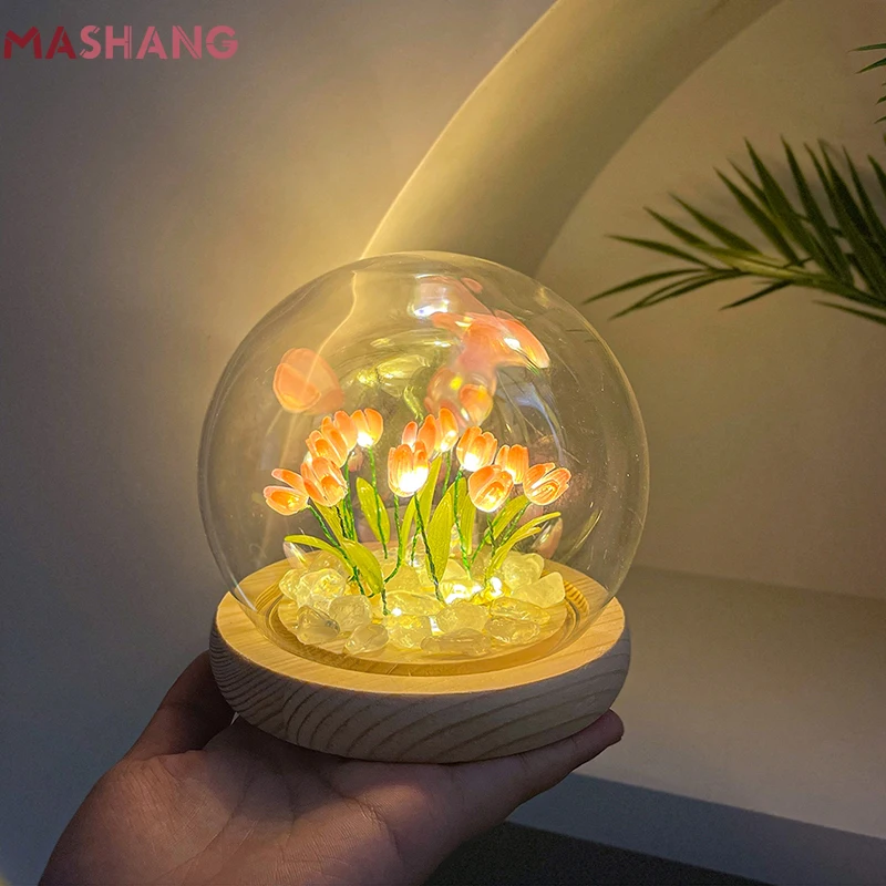 Handmade Tulip Night Light Diy Led Table Lamp Simulation Flower Atmosphere Bedside Desk Lamp For ...