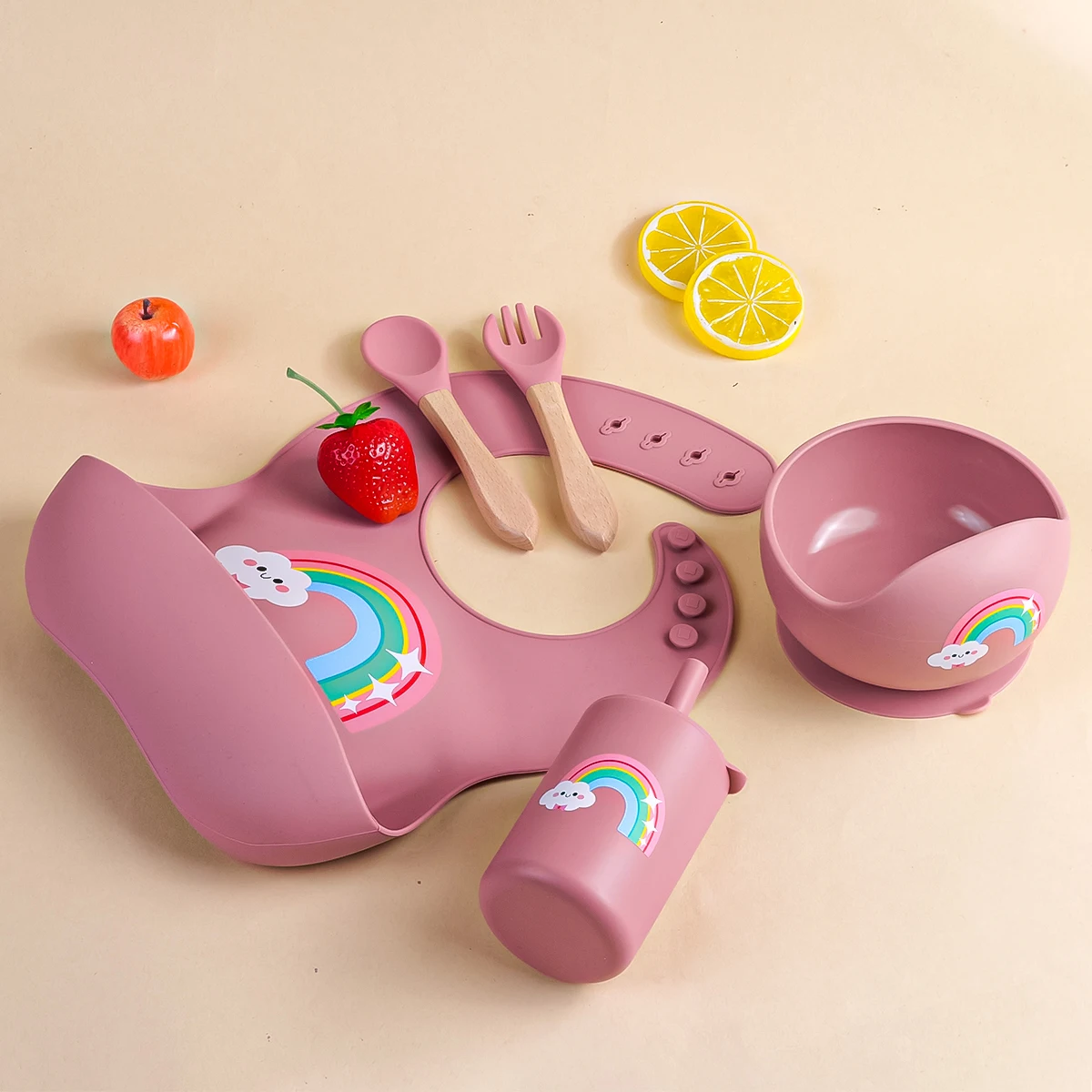 5pcs-Baby-Silicone-Meal-Bowl-Bib-Fork-Spoon-Set-Baby-Feeding-Tray-Bowl ...