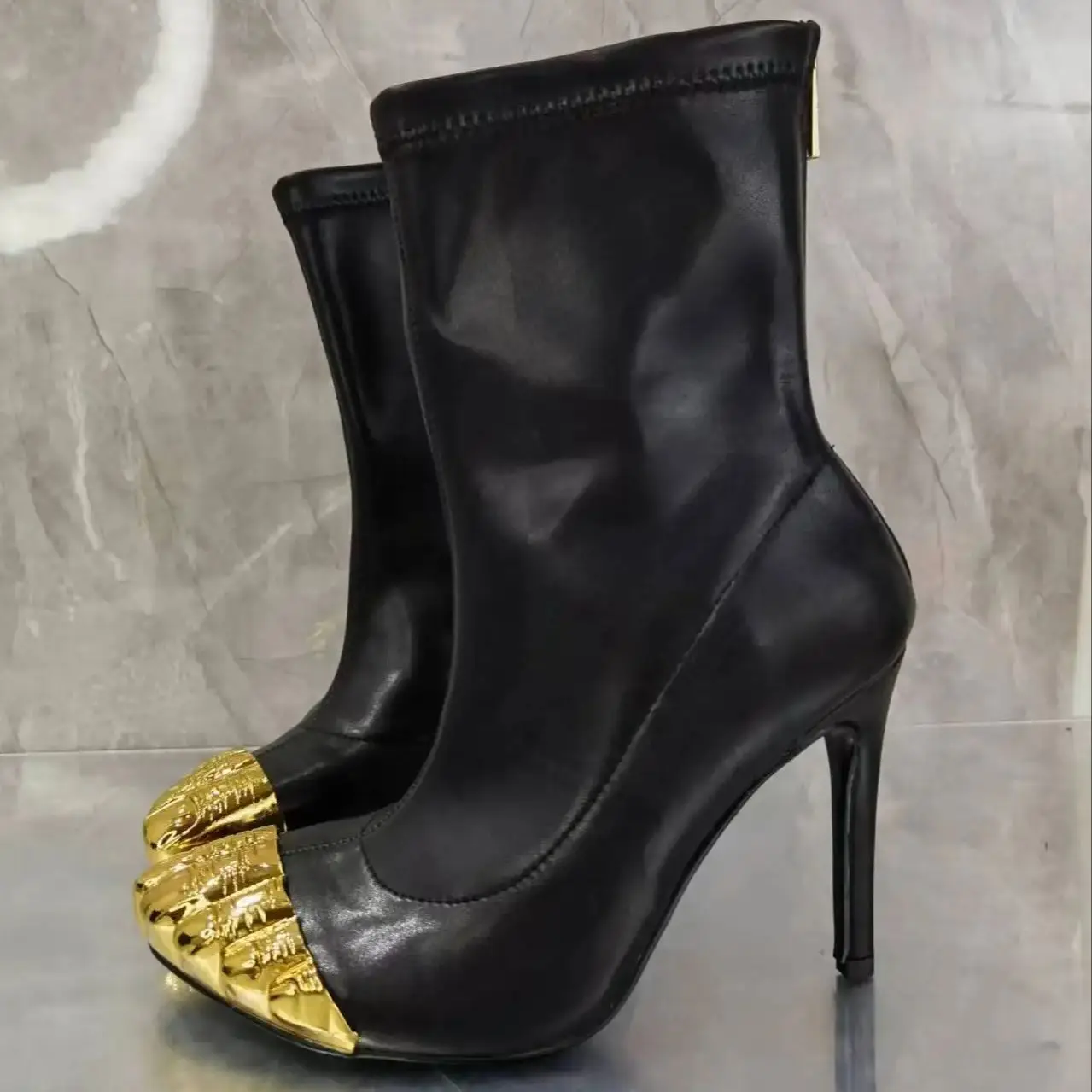Gold-Metal-Toe-Women-s-Boots-Black-Genuine-Leather-Fashion-Novel-Ankle ...