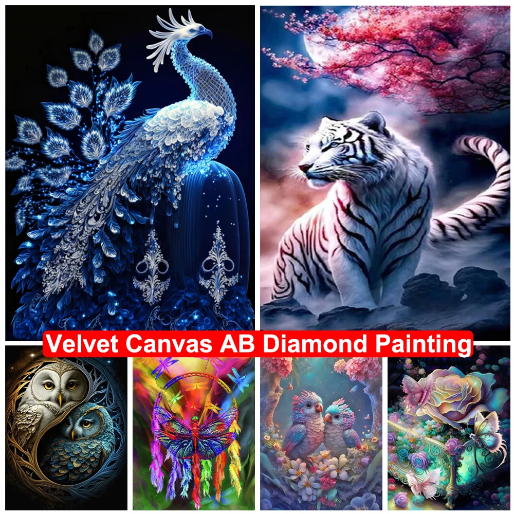 Velvet-Canvas-AB-Diamond-Painting-Tiger-Owl-Peacock-DIY-5D-Diamond ...