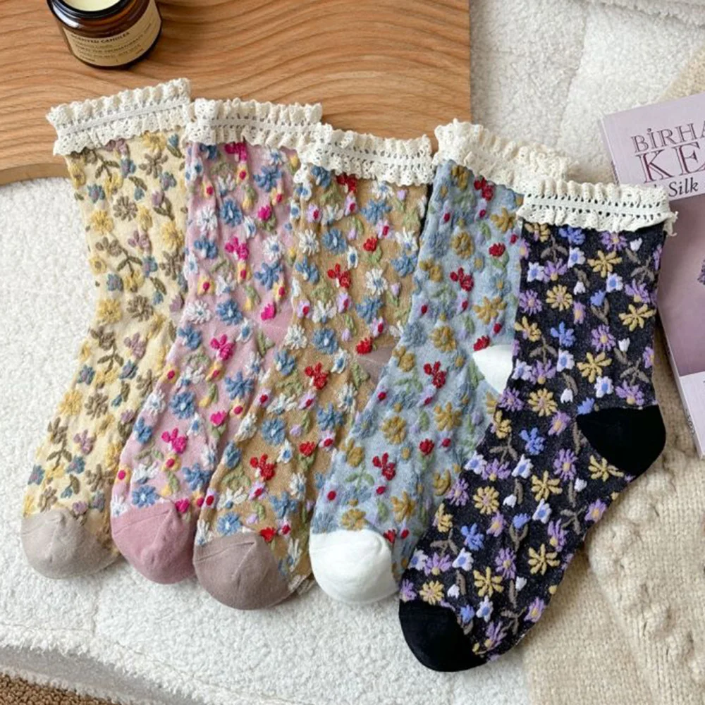 5 Pair Korean Style Women Socks Autumn Winter Long Cute Sweet Floral ...