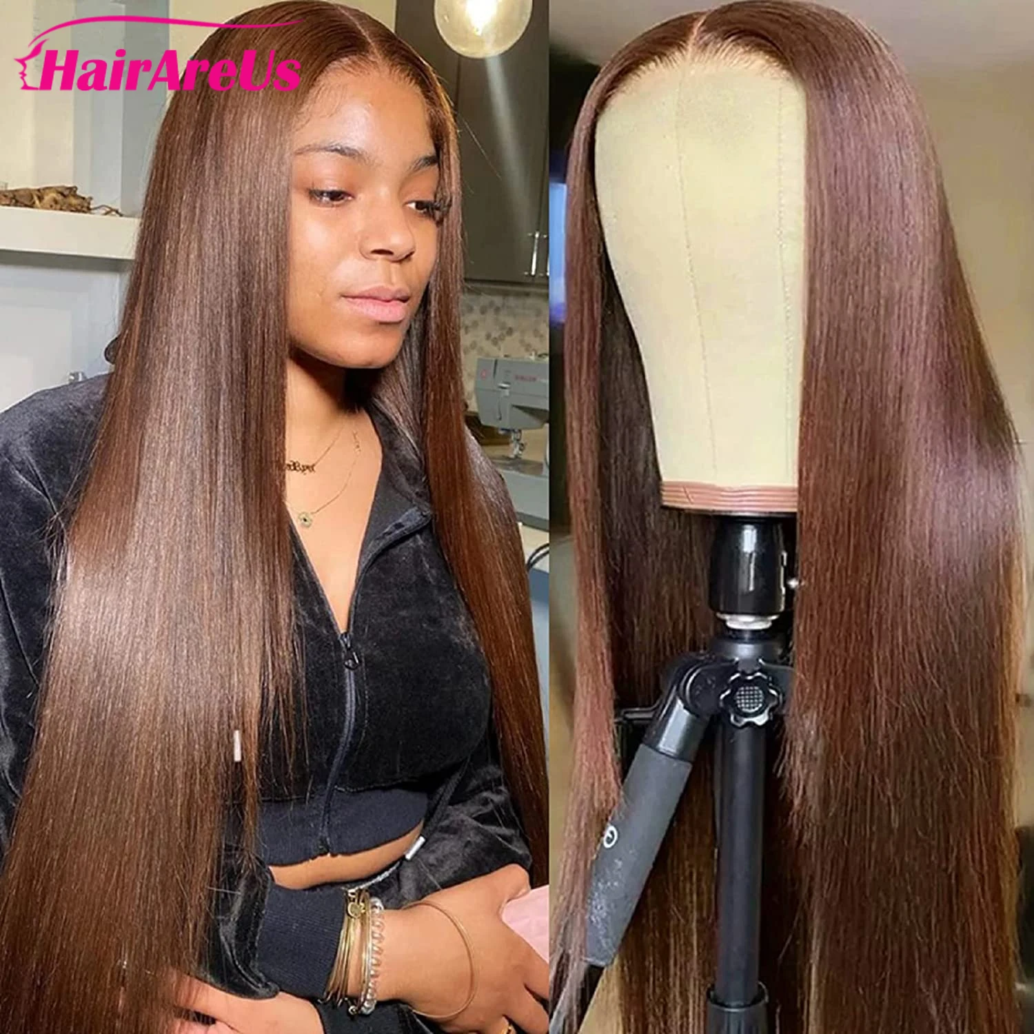 Perruque Lace Frontal Wig Naturelle Lisse, Cheveux Humains, Brun, 13x6, 4x4, Avec Closure ...