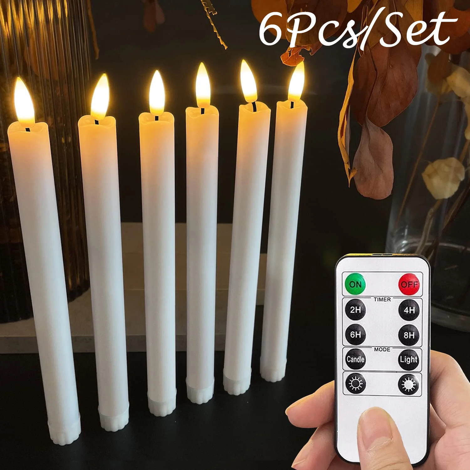 6Pcs/Set Long Candles LED Flickering Taper Candles Battery Powered ...