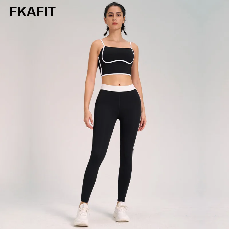 Yoga Set Women Gym Bra Top Leggings Two Piece Set Stripy Colorblock ...