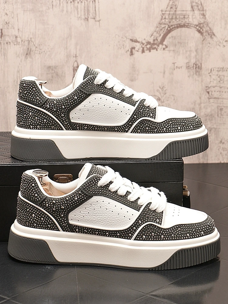New Luxury Embroidery Men Showy Rhinestone Casual High Top Shoes Flats ...