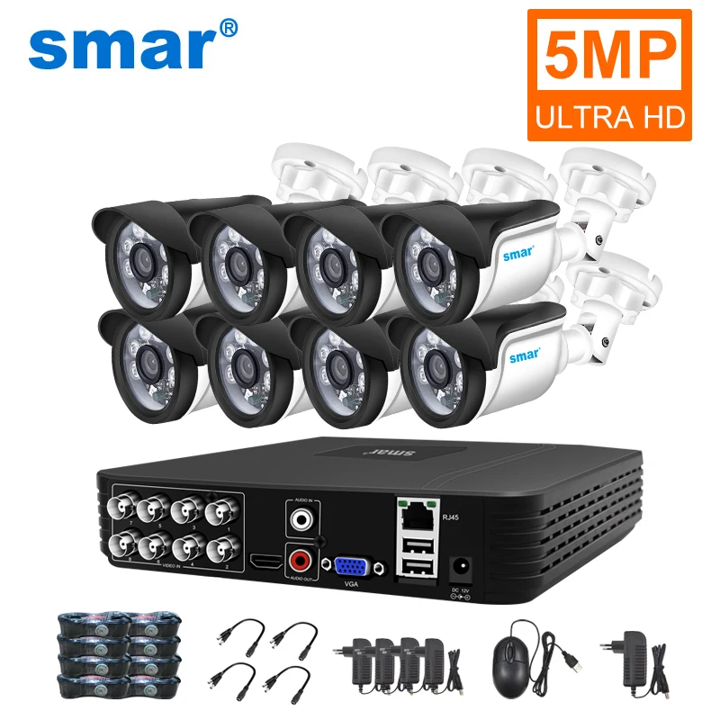Smar 보안 카메라 시스템, 18m 유선 케이블 비디오 감시 키트, 실내 야외 방수 CCTV 카메라, 5 in 1 DVR, 5MP