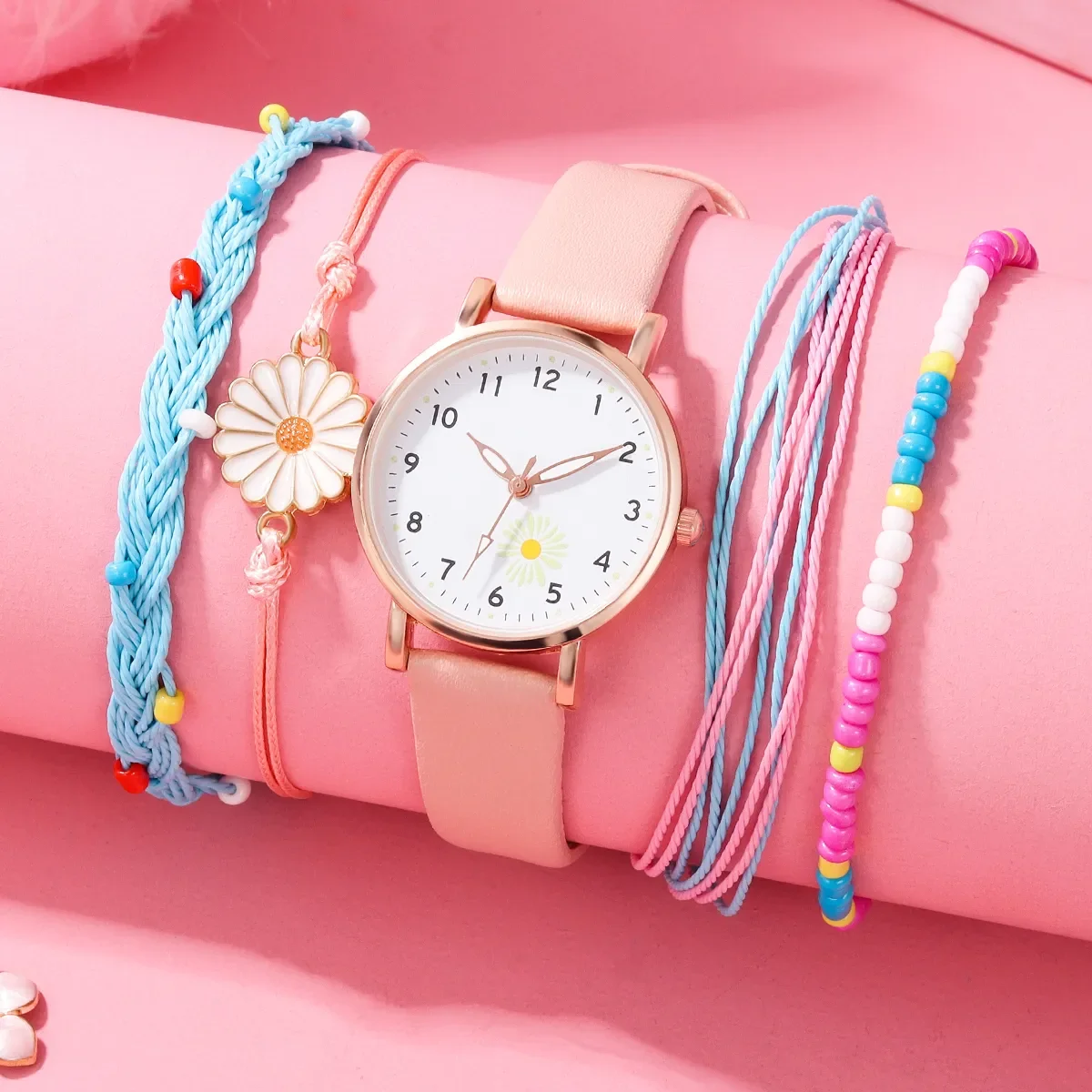 5Pcs-Women-s-Fashion-Trend-Star-Daisy-Leather-Quartz-Watch-Simple-Small ...