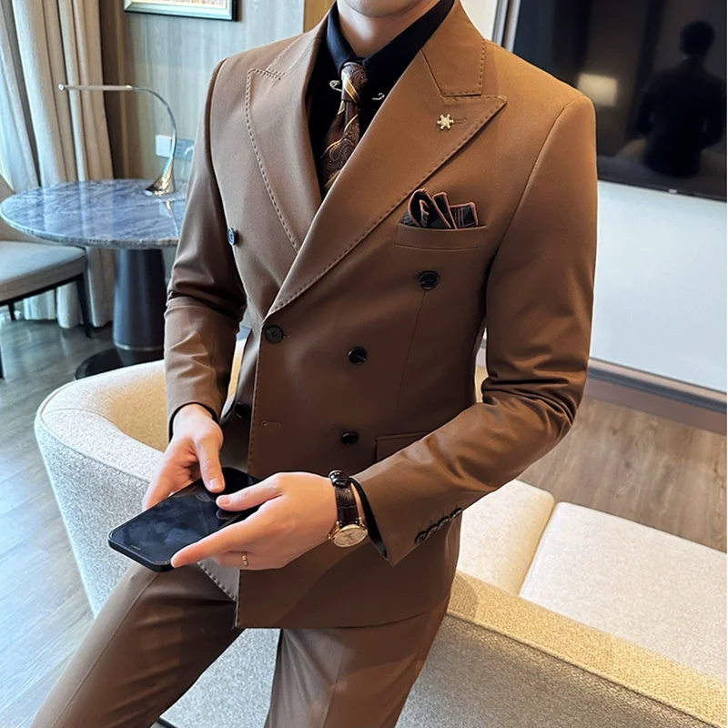 (Jacket + Trousers) Fashion Double Breasted Design Slim Men's Suit ...