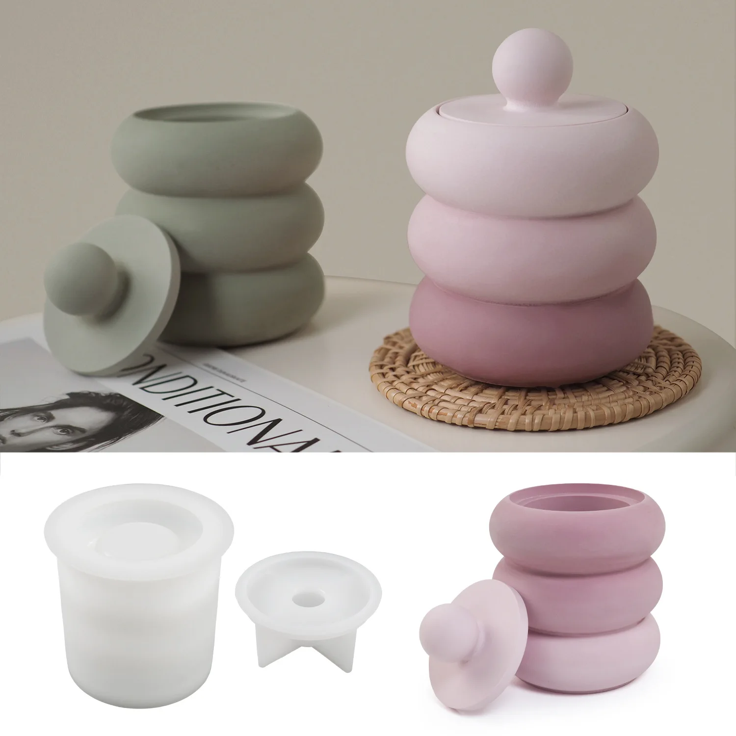 Pot de bougie en Silicone, moules avec couvercle, boîte de rangement ...