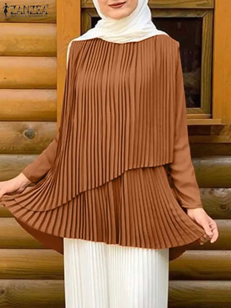 ZANZEA-Vintage-Muslim-Tops-For-Women-Solid-Pleated-Long-Sleeve-Blouse ...