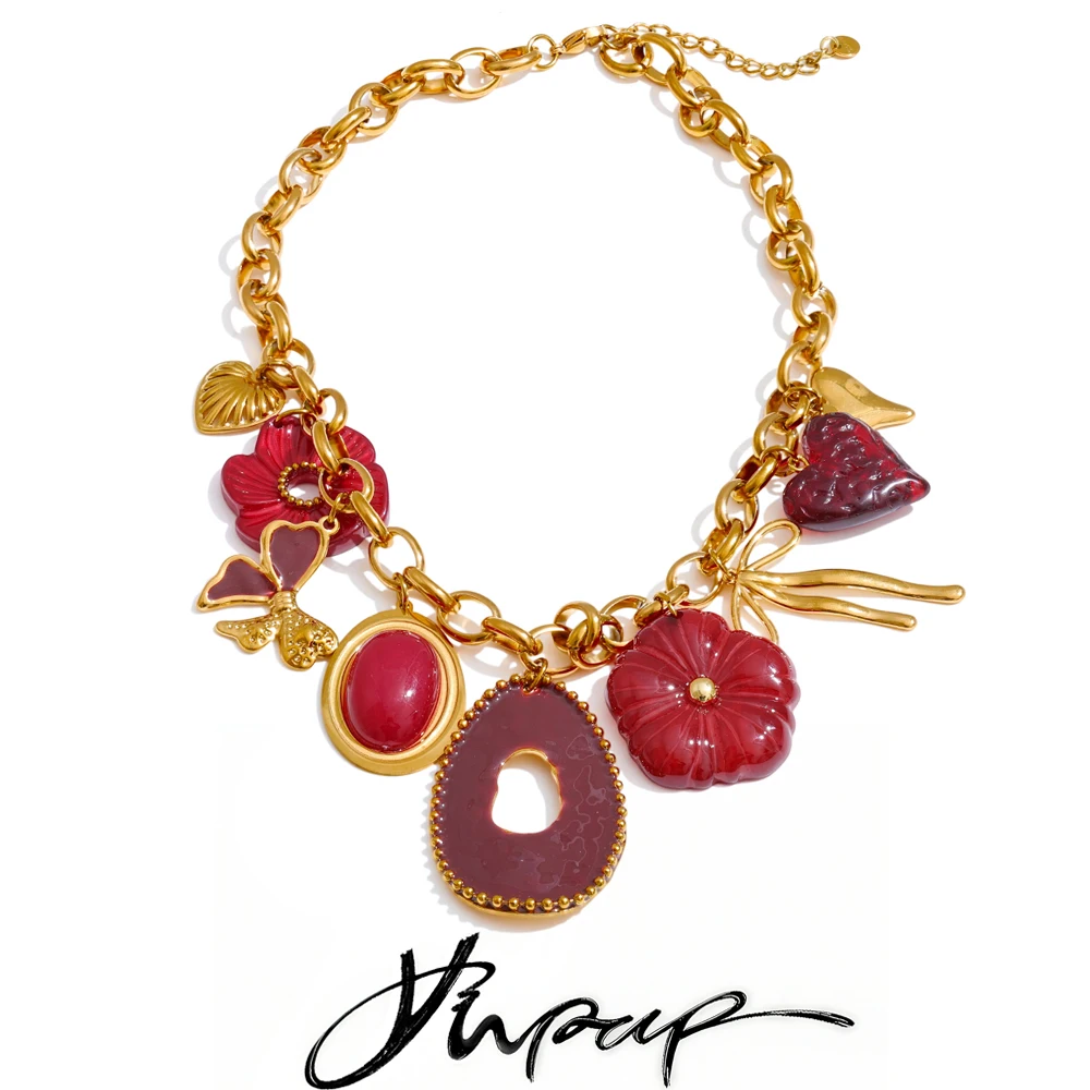 Yhpup Red Resin Flower Charm Pendant Necklace 18K Golden PVD Plated ...