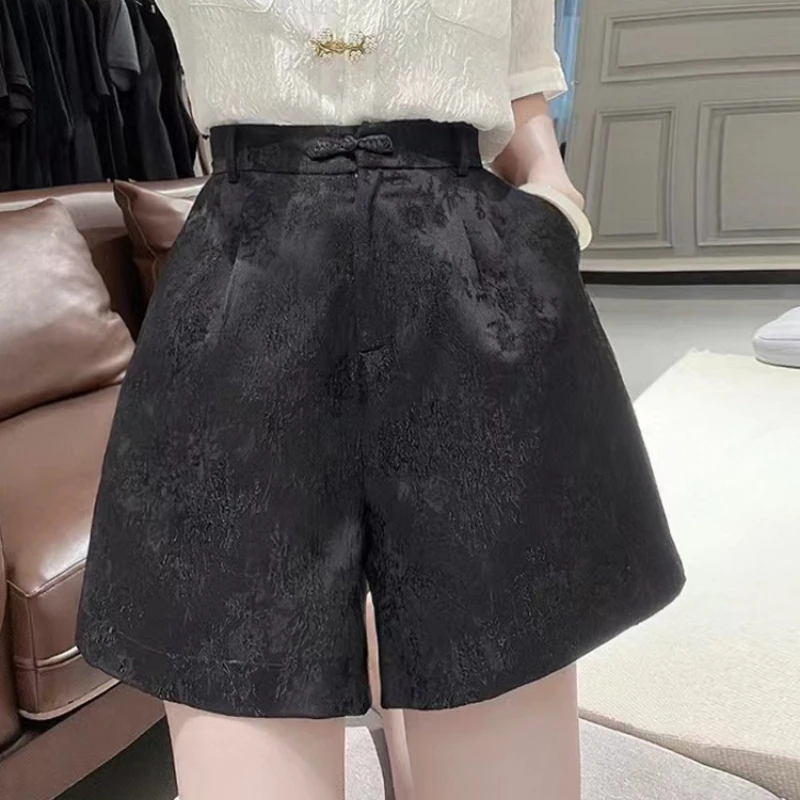 Summer-Women-High-Waisted-Wide-Leg-Black-White-Dobby-Flower-Shorts ...