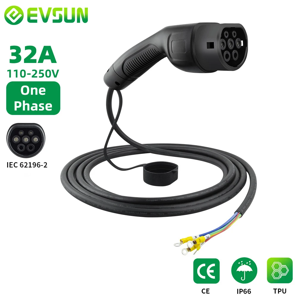 EVSUN 32A 8KW EV Charger Plug Type2 Cable 16A 1Phase Car Charging Station 3Phase 11KW 22KW ...