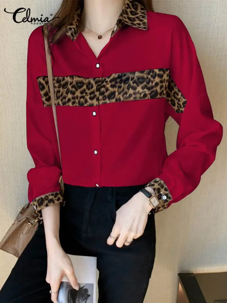 Celmia Spring Leopard Print Patchwork Shirts Office Lady Buttons ...