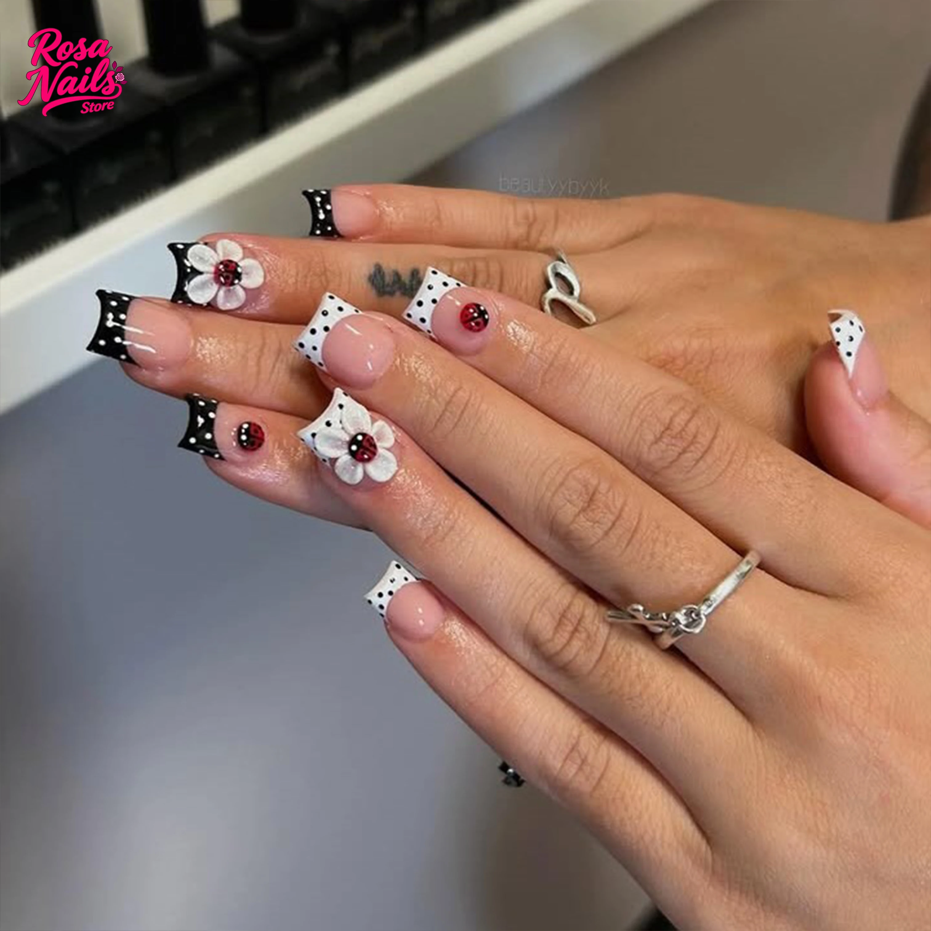 Short Square Handmade Press on Nails Polka Dots with Lady Bug French ...