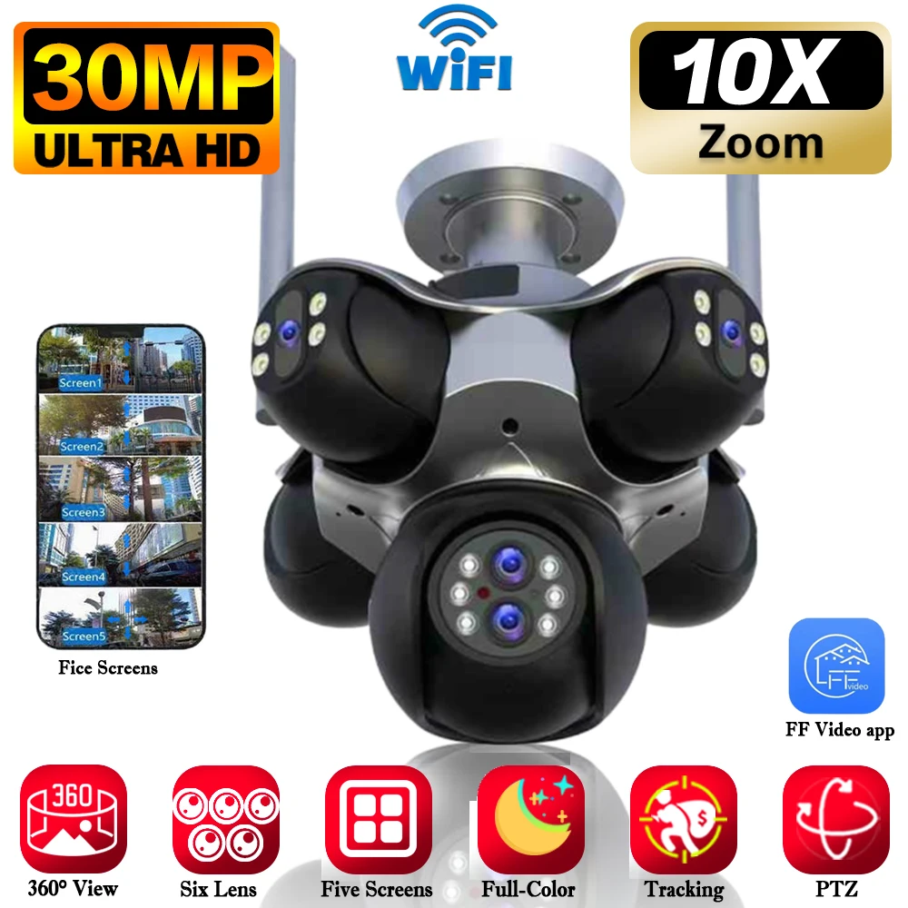10x Zoom 30MP Wifi Panoramic Security Camera Outdoor 6 Lens 5 Screens ...