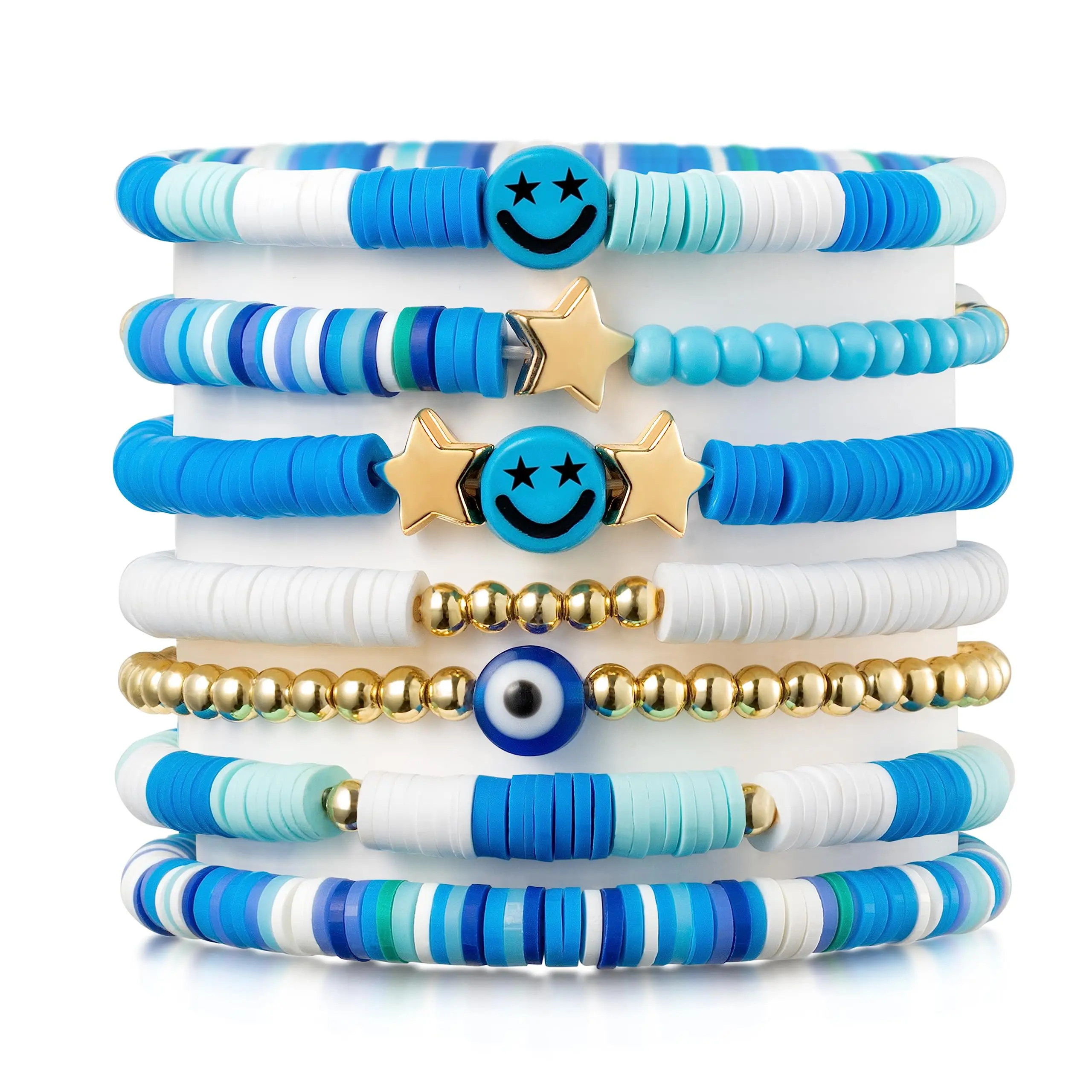 Kit-de-pulseras-Preppy-Heishi-7-piezas-cielo-azul-sonrisa-mal-de-ojo ...