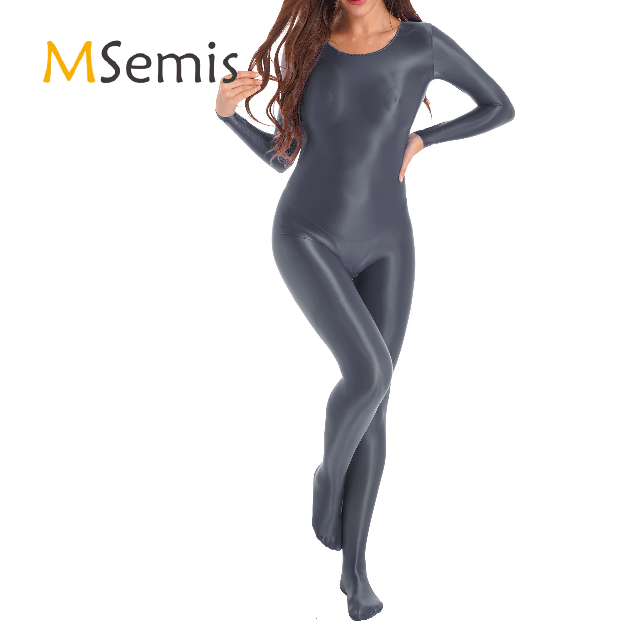 Womens Solid Color Round Neck Bodysuit Smooth Long Sleeve Bodystocking ...