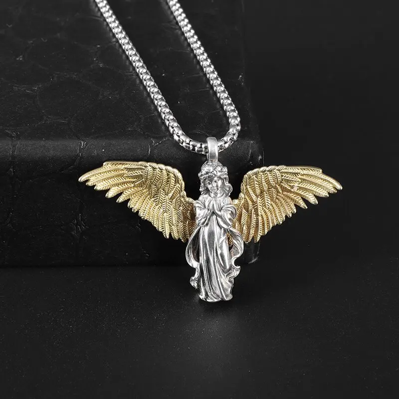 Silver-Plated-Cupid-Pendant-Praying-Angel-Wings-Necklace-Men-s-and ...