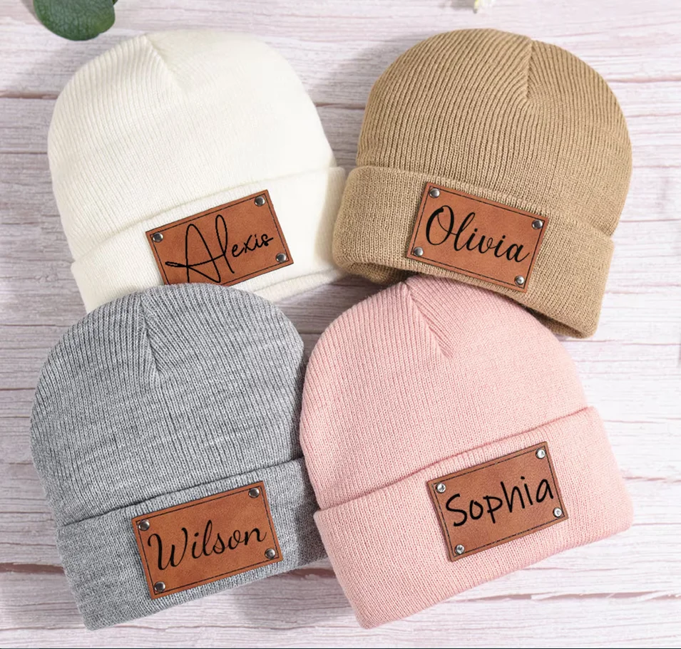 Custom-Name-or-Logo-Beanies-Personalized-Beanie-Hats-with-Leather-Patch ...