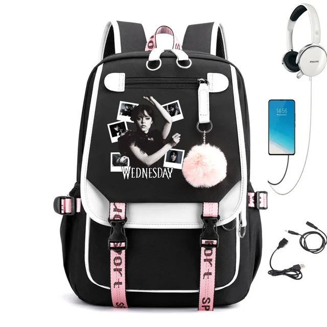 Wednesday-Addams-Cosplay-Backpack-USB-Charge-Laptop-SchoolBag-Rucksack ...