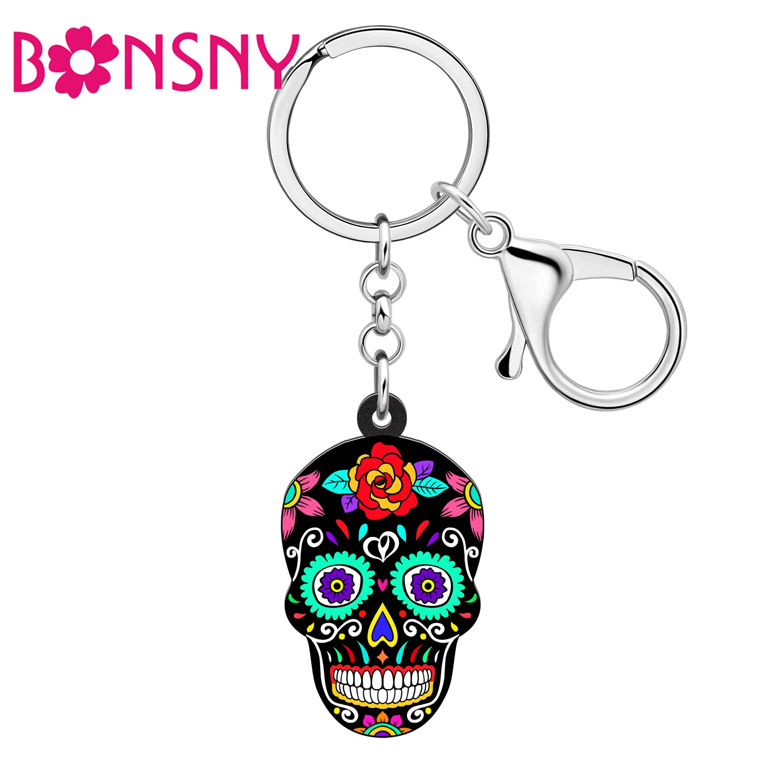 Bonsny Acrylic Halloween Floral Black Flower Skull Key Ring Keychains ...