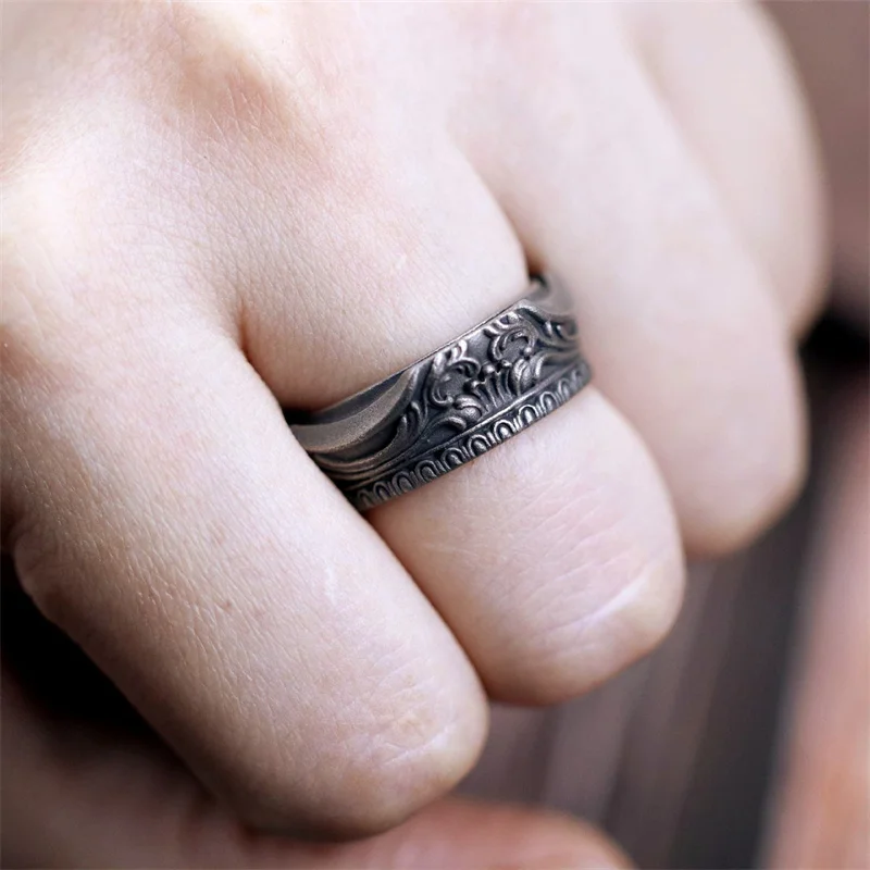 Vintage Carving Flower Crown Ring Male Jewelry Trendy 925 Silver Ring ...