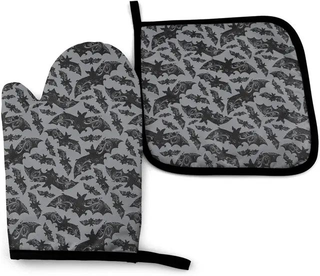 Halloween Bat Flower Oven Mitts and Pot Holders Sets Heat Resistant Non ...