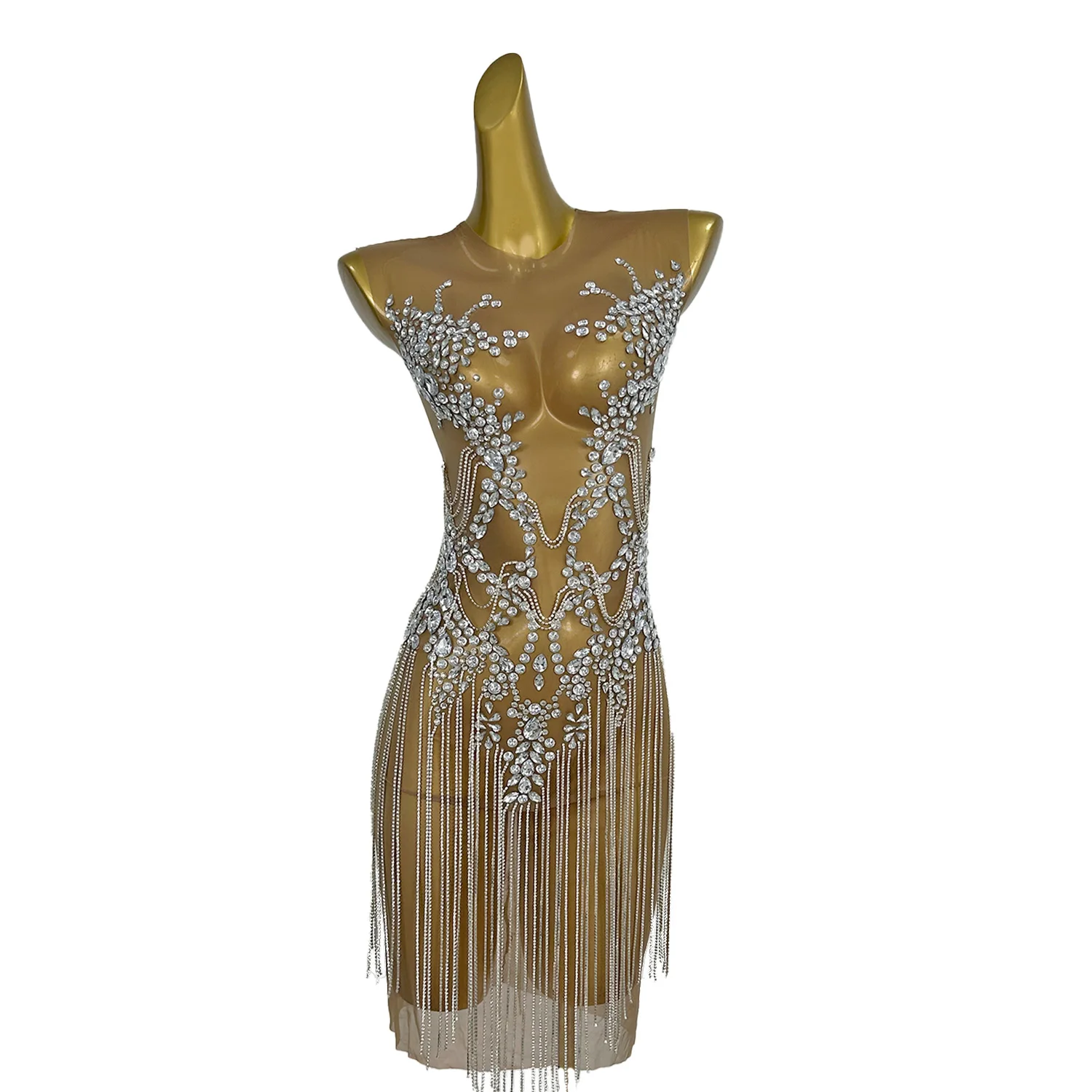 Stage-Dance-Show-Rhinestones-Fringes-Prom-Dress-for-Women-Sexy-Mesh ...