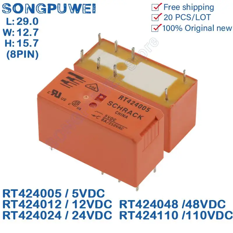 Free-shipping-20Pcs-Lot-RT424-8PIN-8A-250VAC-Power-Relay-5V-12V-24V-DC ...