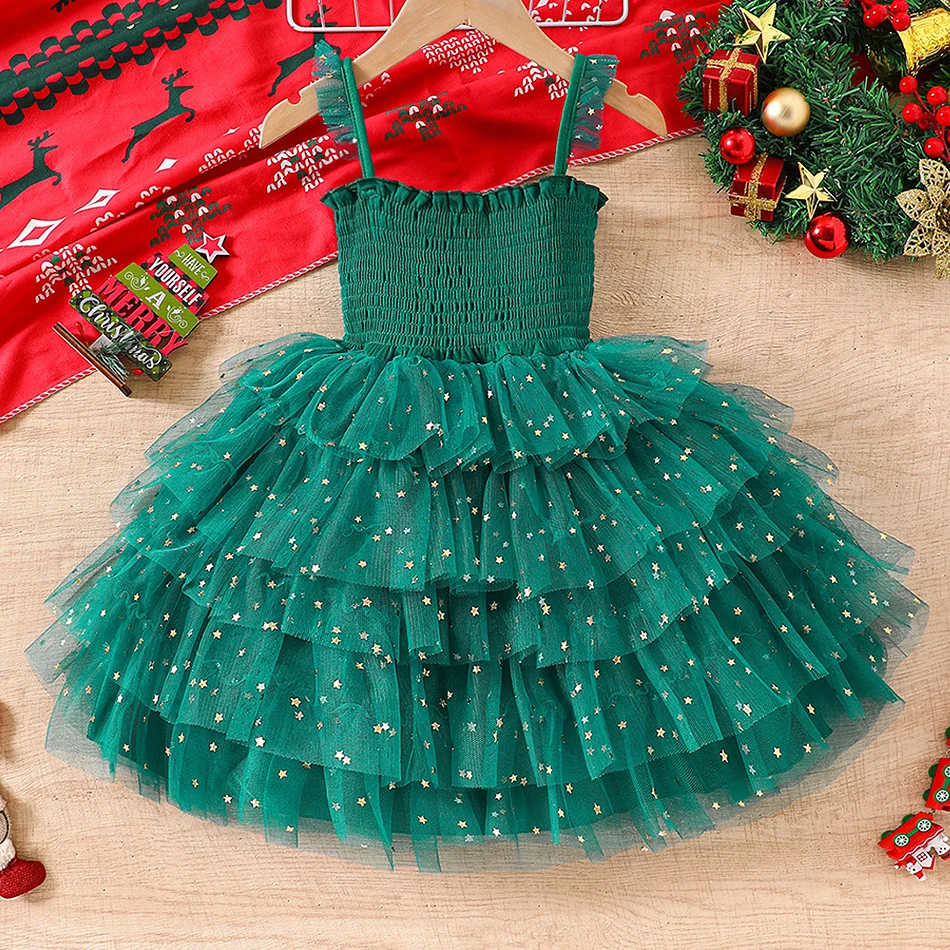 Girls Christmas Slip Frocks Children Star Sequin Mesh Xmas Tree Green ...