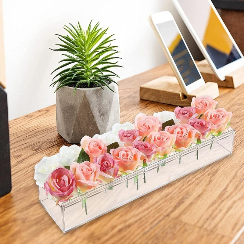 10-14-16-Holes-Rectangular-Clear-Acrylic-Flower-Vase-Decorative-Long ...