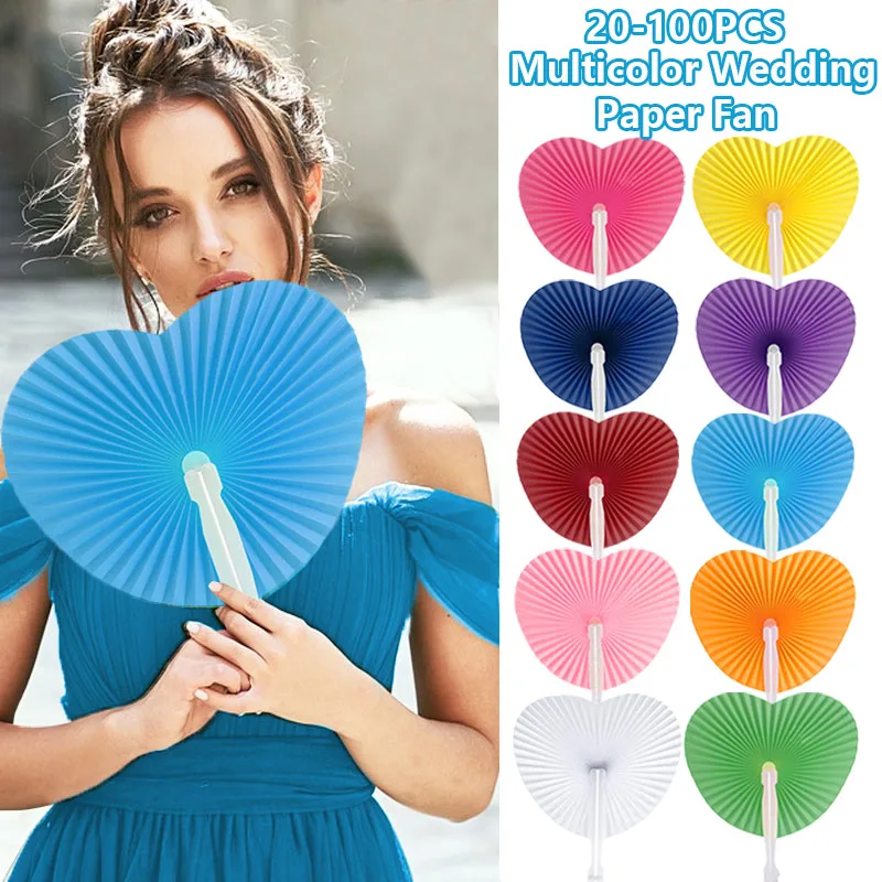 20-100PCS-Multicolor-Wedding-Paper-Fan-Heart-Shape-Fans-Folding-Hand ...
