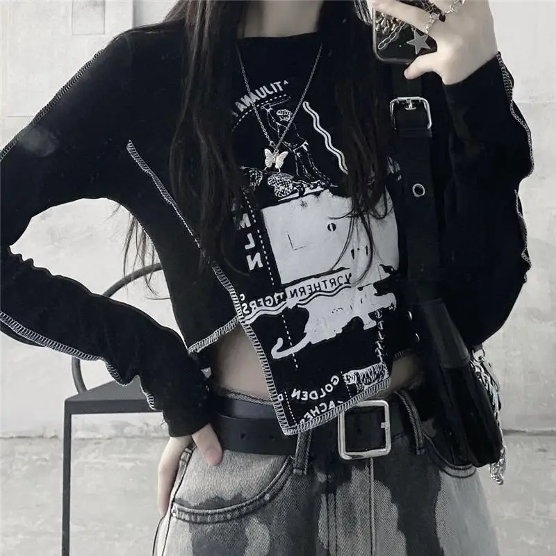 HOUZHOU Gothic Goth Style Tshirt Women Autumn Long Sleeve Grunge Crop ...