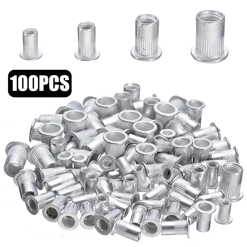 100pcs Steel Aluminum Rivet Nuts Kit Threaded Rivet Nut Inserts Rivnut ...