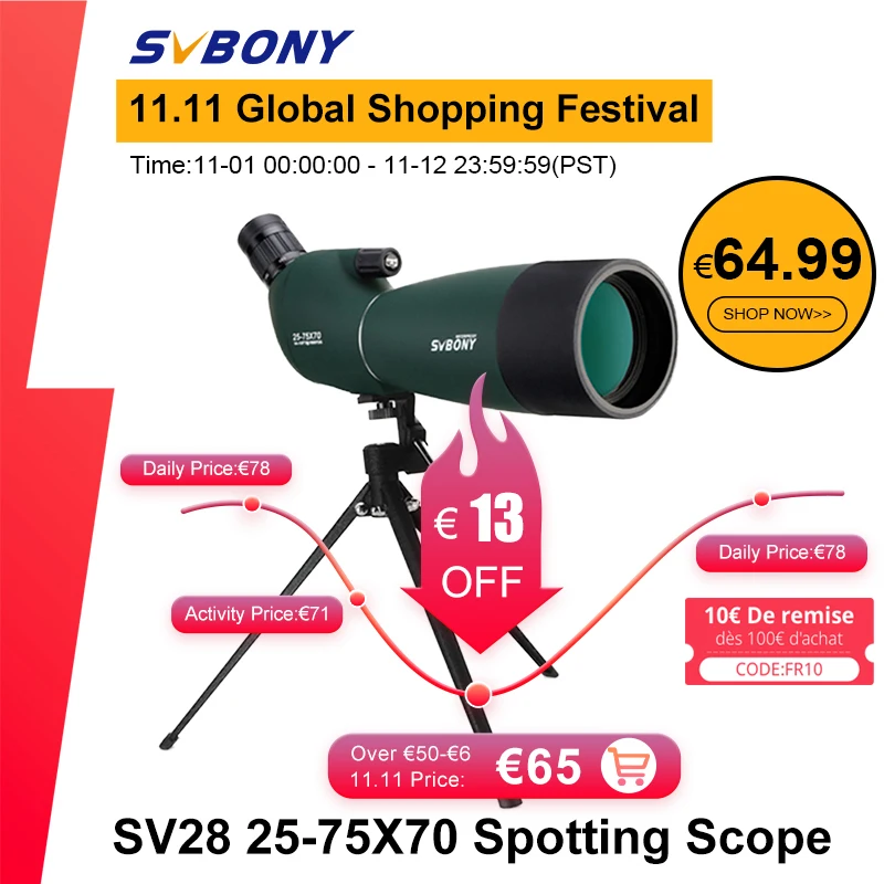 Svbony Telescope Sv28 25-75x70 Monoculaire Zoom Puissant Longue Vue ...
