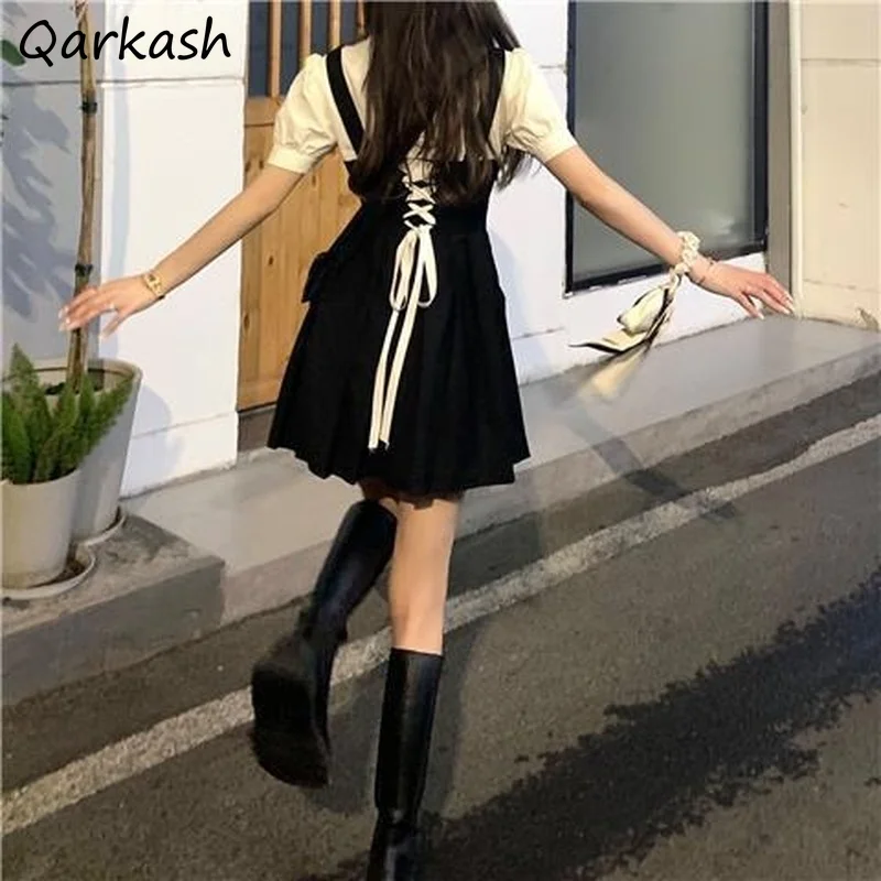 여성용 단색 반팔 상의 및 데일리 민소매 블랙 드레스 올매치 러블리 심플 여름 프레피 스타일 2 피스 의상 세트드레스 슈트