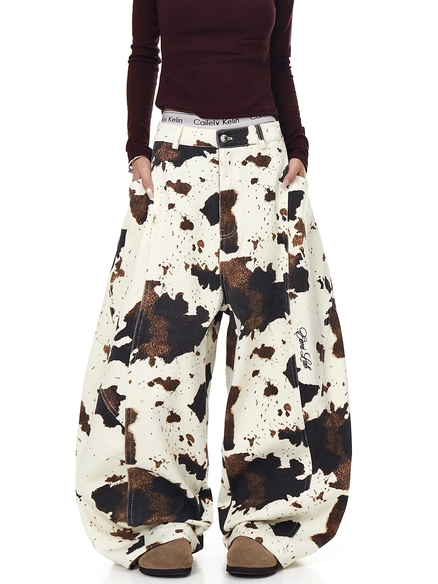Retro American Vintage Cow Pattern Camouflage Loose Leg Jeans Men Women ...