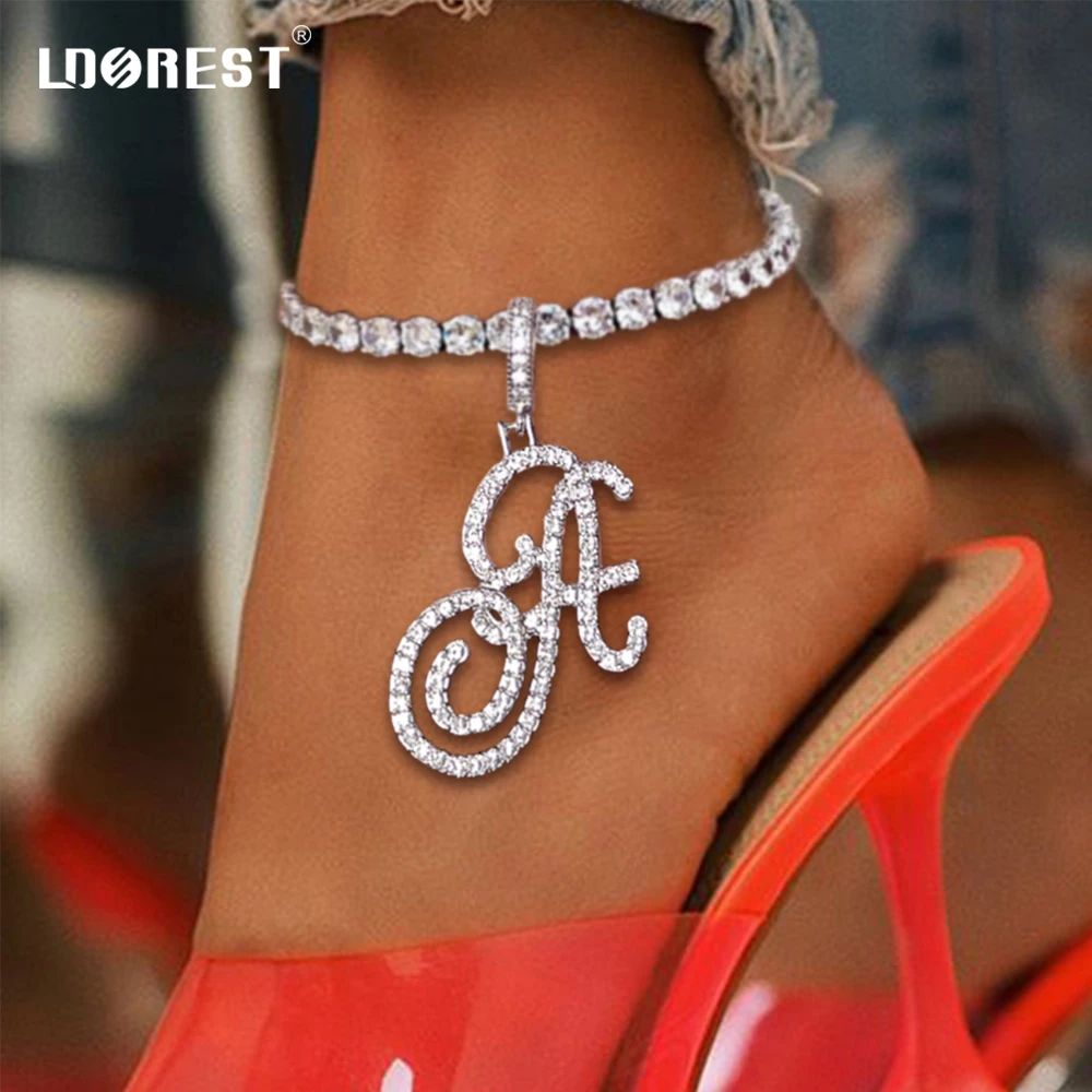 Iced-Out-Tennis-Chain-Anklet-With-Cursive-Letter-Hip-Hop-Crystal-A-Z ...